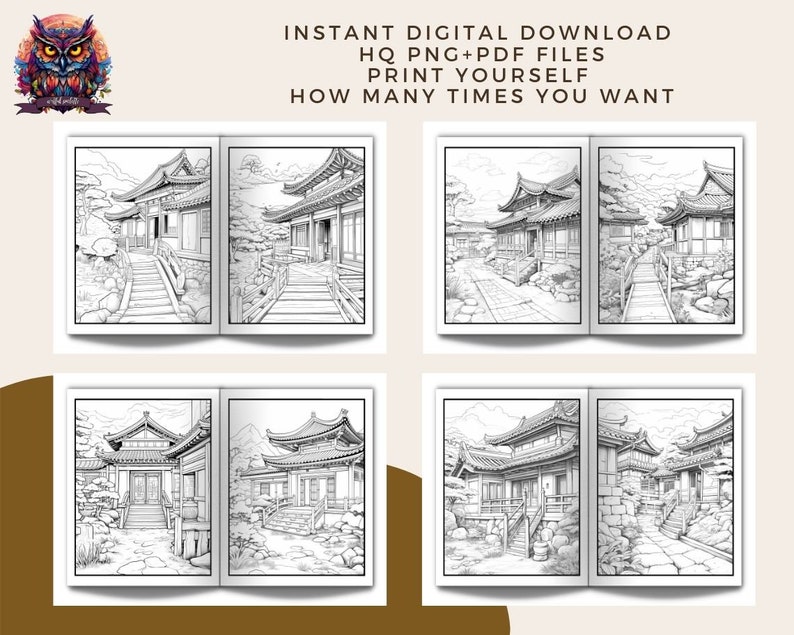 50 Coloring Pages Korean Hanok Landscapes & Architecture Adult Coloring ...