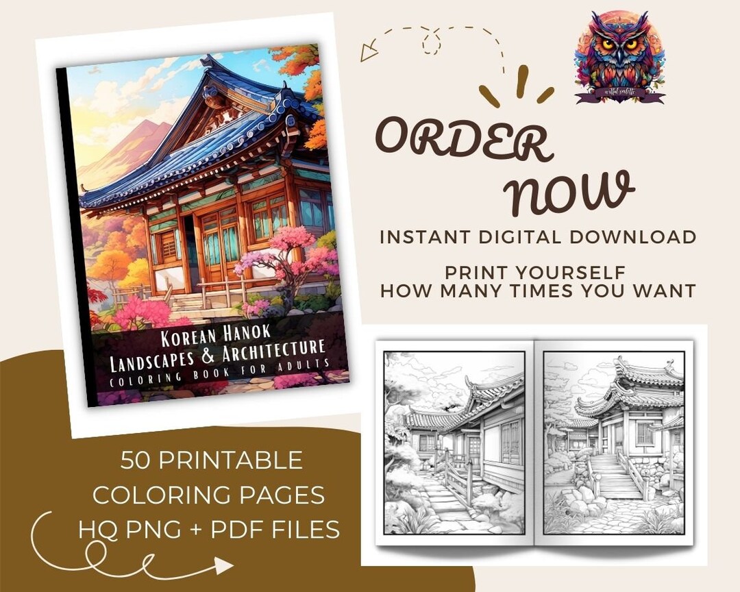 50 Coloring Pages Korean Hanok Landscapes & Architecture Adult Coloring ...