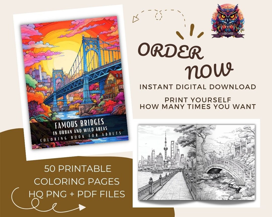 50 Coloring Pages Famous Bridges Adult Coloring Book Printable PNG PDF ...