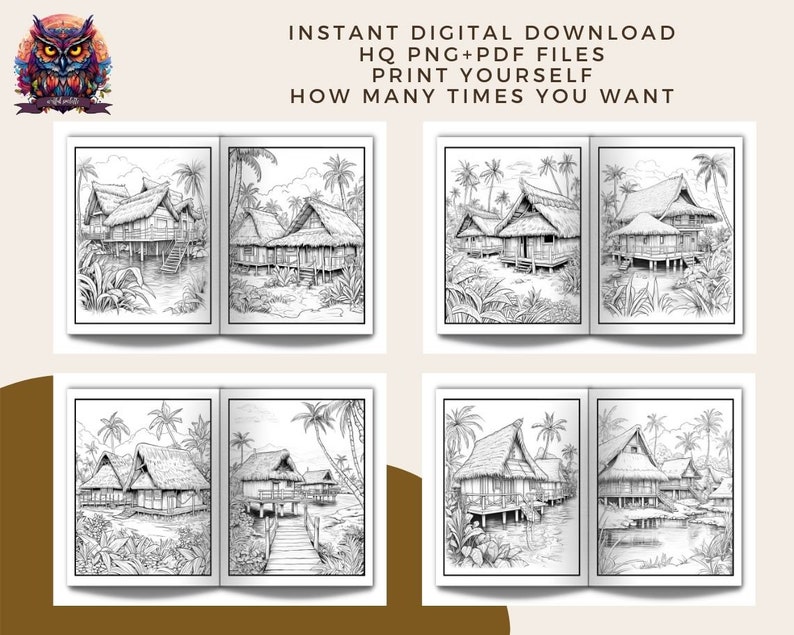 50 Coloring Pages Polynesian Fale House Landscapes & Architecture Adult ...