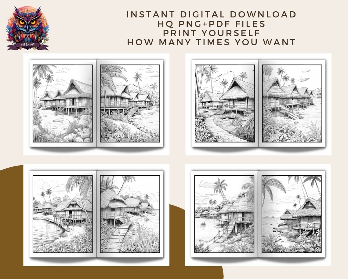 50 Coloring Pages Polynesian Fale House Landscapes & Architecture Adult ...