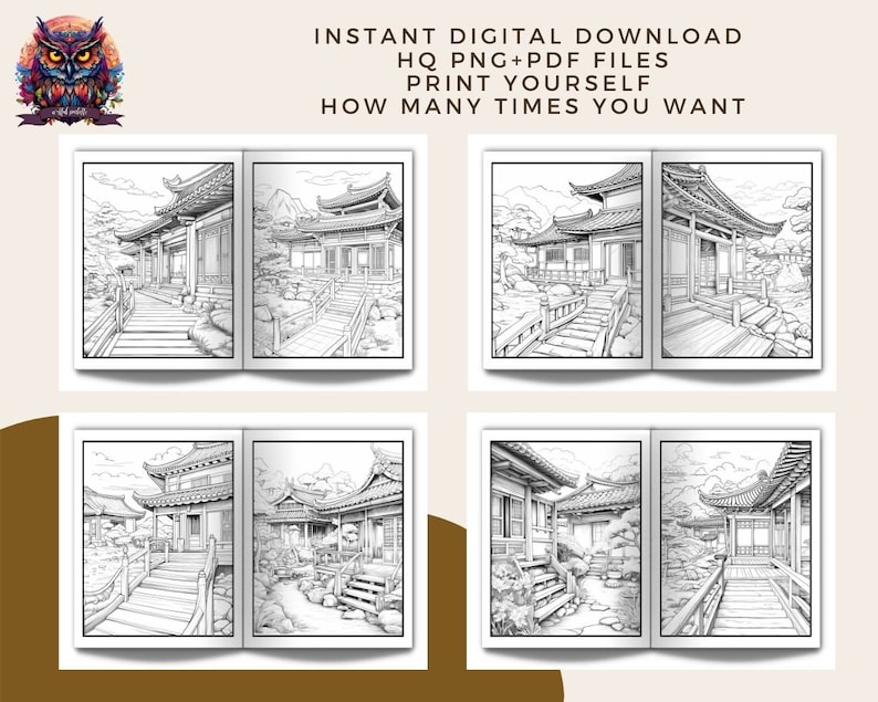 50 Coloring Pages Korean Hanok Landscapes & Architecture Adult Coloring ...