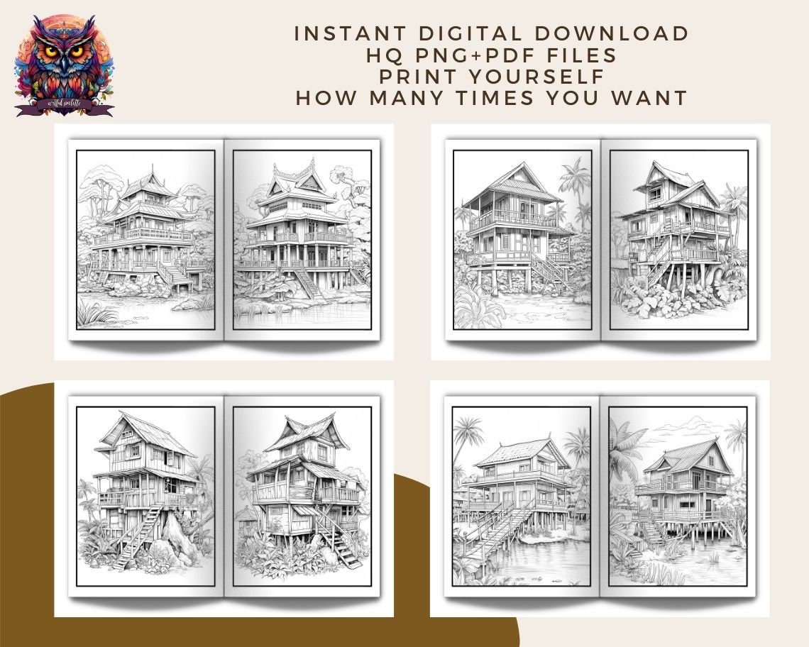 50 Coloring Pages Cambodian Khmer House Landscapes & Architecture Adult ...