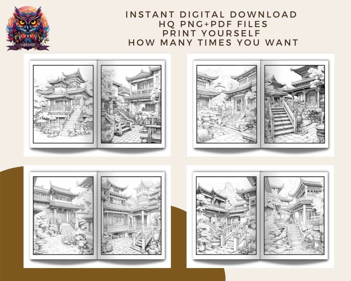 50 Coloring Pages Chinese Courtyard House Landscapes & Architecture ...