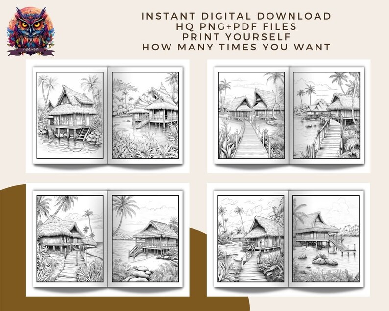 50 Coloring Pages Polynesian Fale House Landscapes & Architecture Adult ...