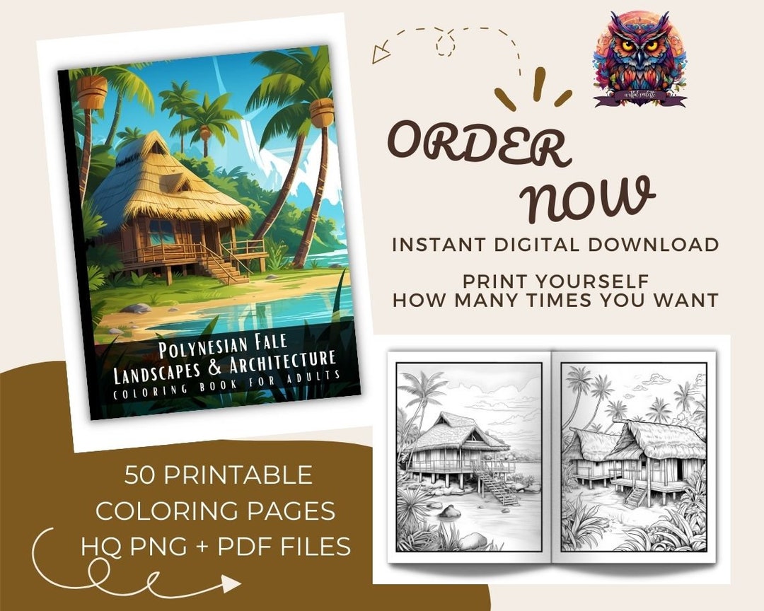 50 Coloring Pages Polynesian Fale House Landscapes & Architecture Adult ...