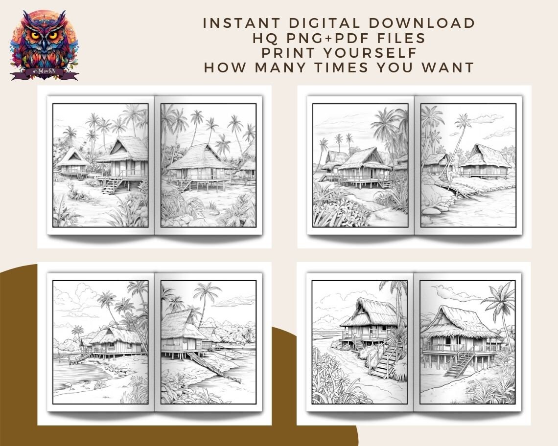 50 Coloring Pages Fijian Bure House Landscapes & Architecture Adult ...