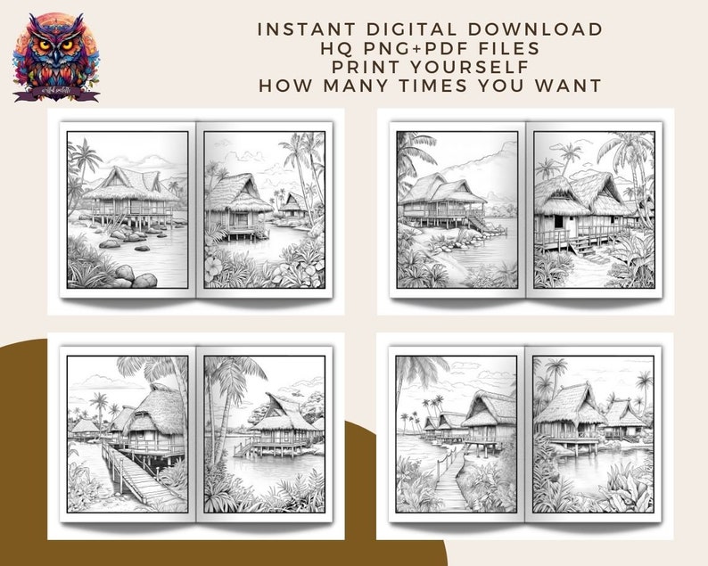 50 Coloring Pages Polynesian Fale House Landscapes & Architecture Adult ...