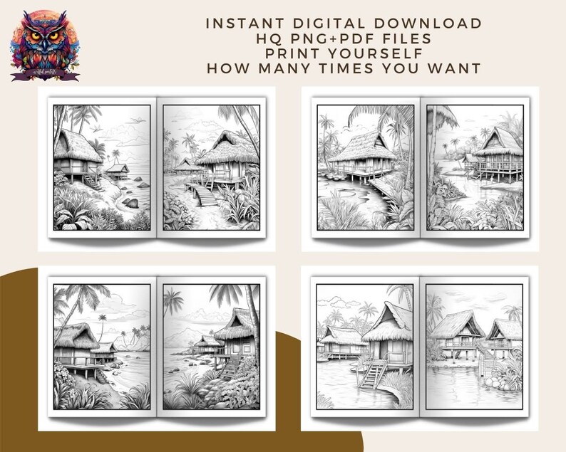 50 Coloring Pages Polynesian Fale House Landscapes & Architecture Adult ...