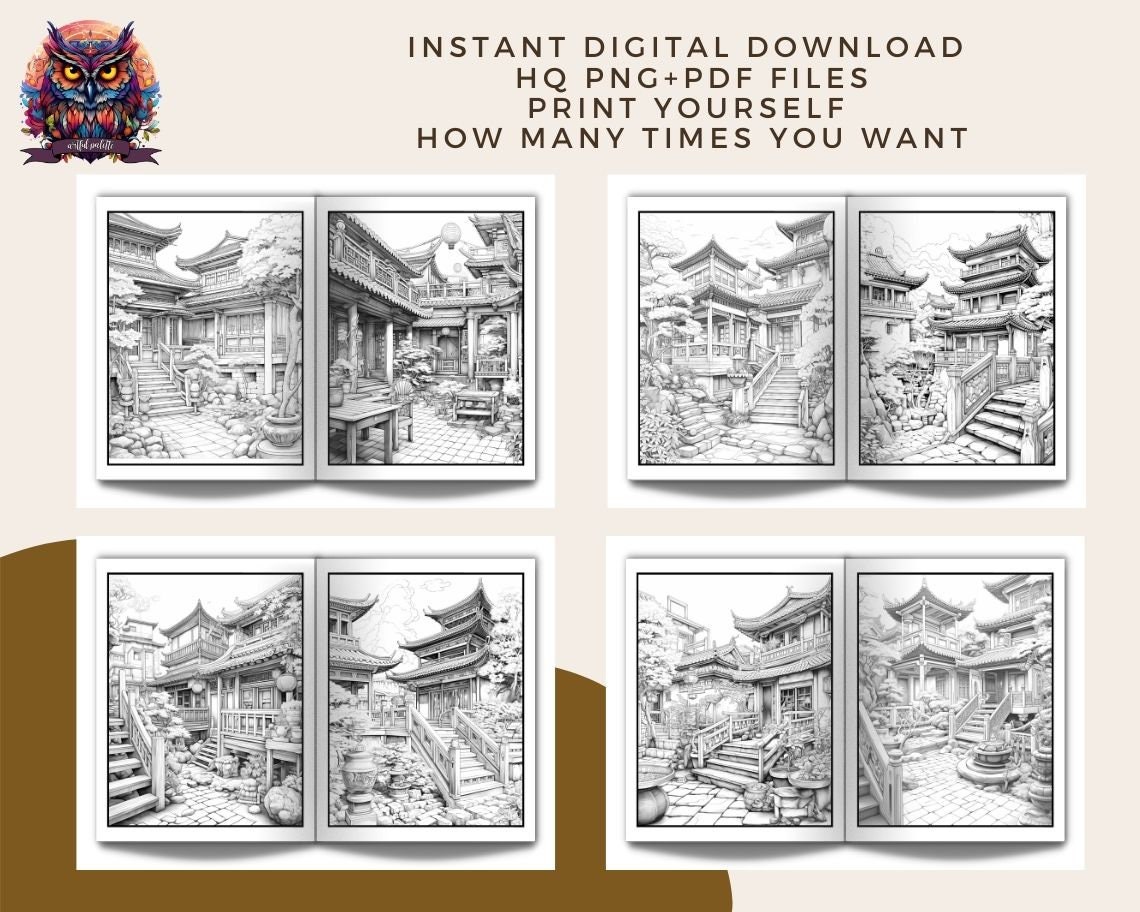 50 Coloring Pages Chinese Courtyard House Landscapes & Architecture ...