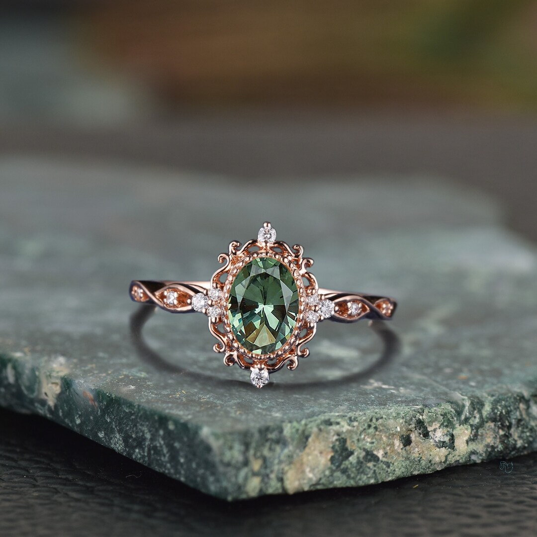 Natural Green Moss Agate Engagement Ring, Stunning Oval Shaped ...