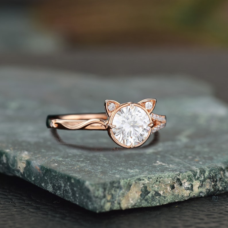 Unique Moissanite Cat Engagement Ring, Natural Moss Agate Cat Cut ...