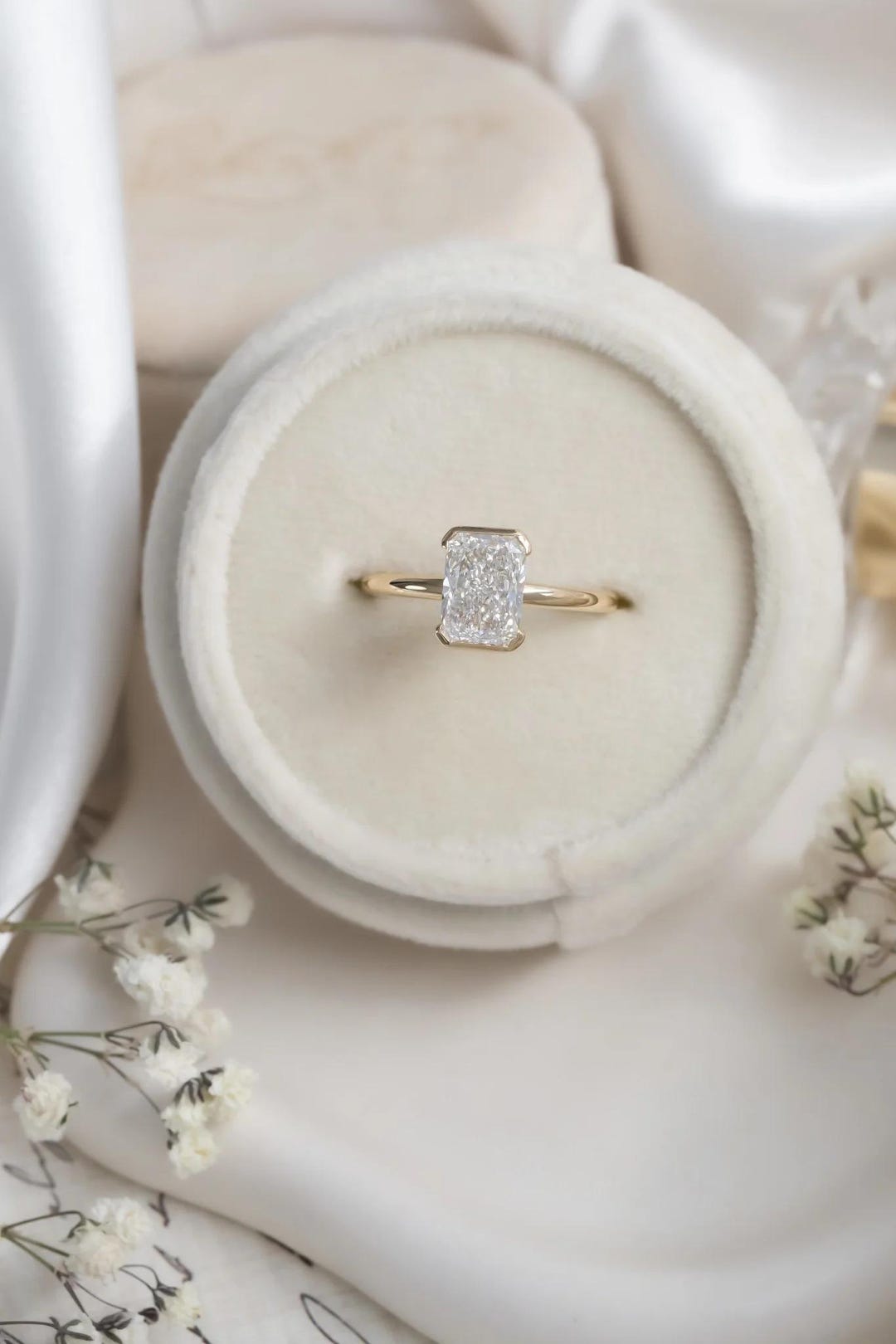 Half Bezel Set Crushed Ice Radiant Cut Ring, Moissanite Engagement Ring ...