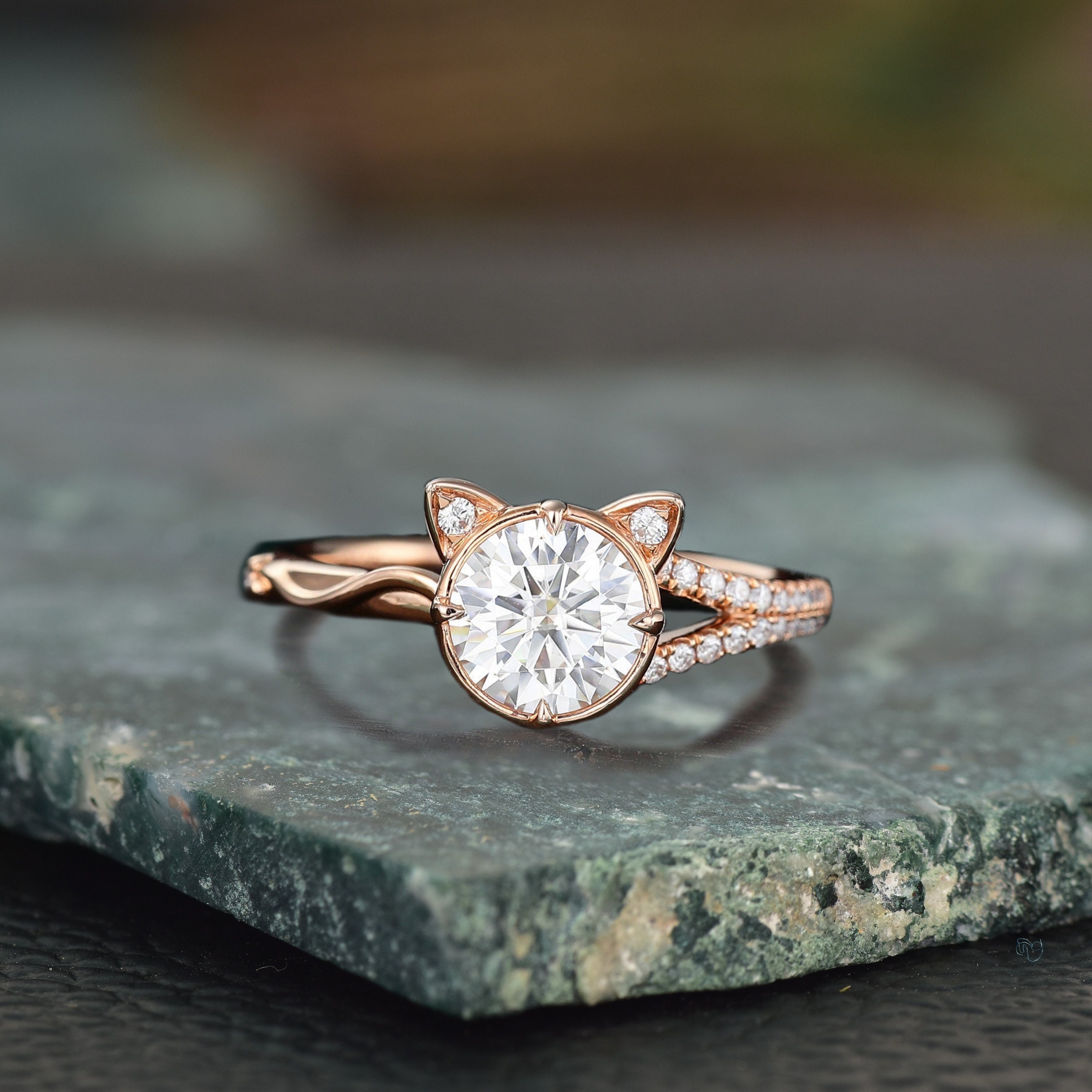 Unique Moissanite Cat Engagement Ring, Natural Moss Agate Cat Cut Promise Ring, Vintage Blue ...