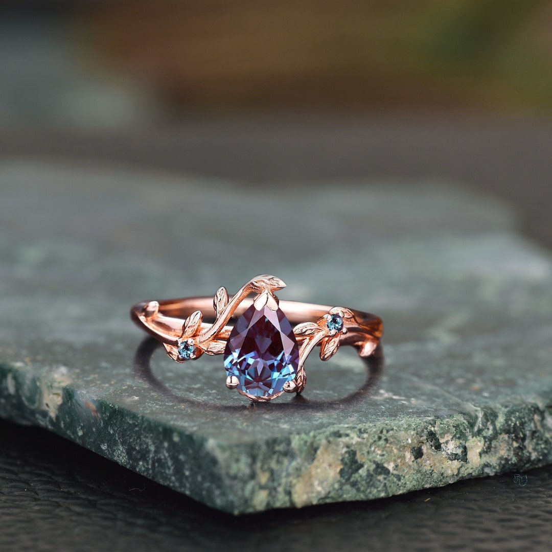 Pear Alexandrite Engagement Ring, Nature Inspired Leaf Rings, 14k Rose ...