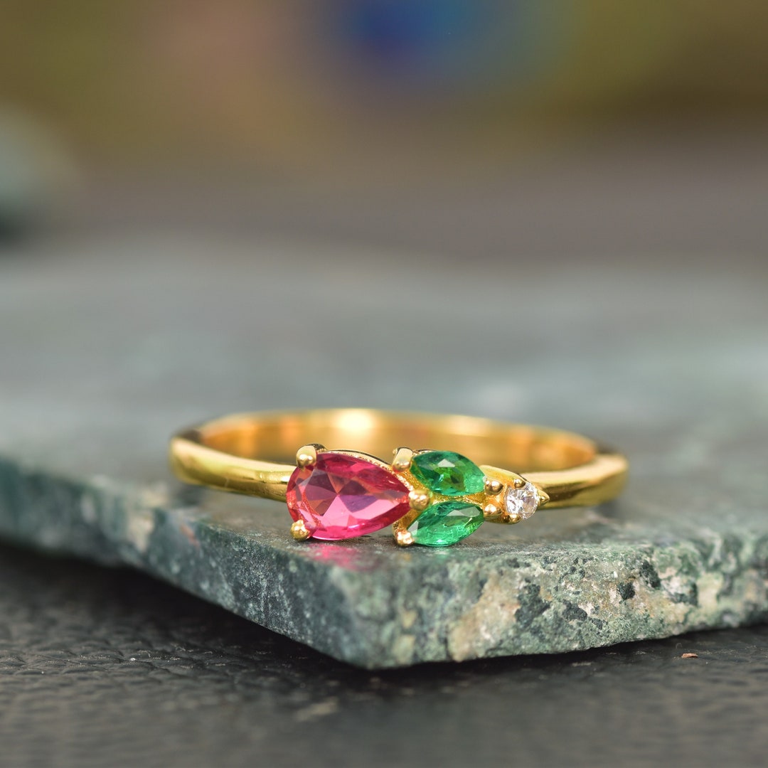 Handmade Pear Ruby Ring: Emerald Floral Sterling Silver Promise Ring - Etsy