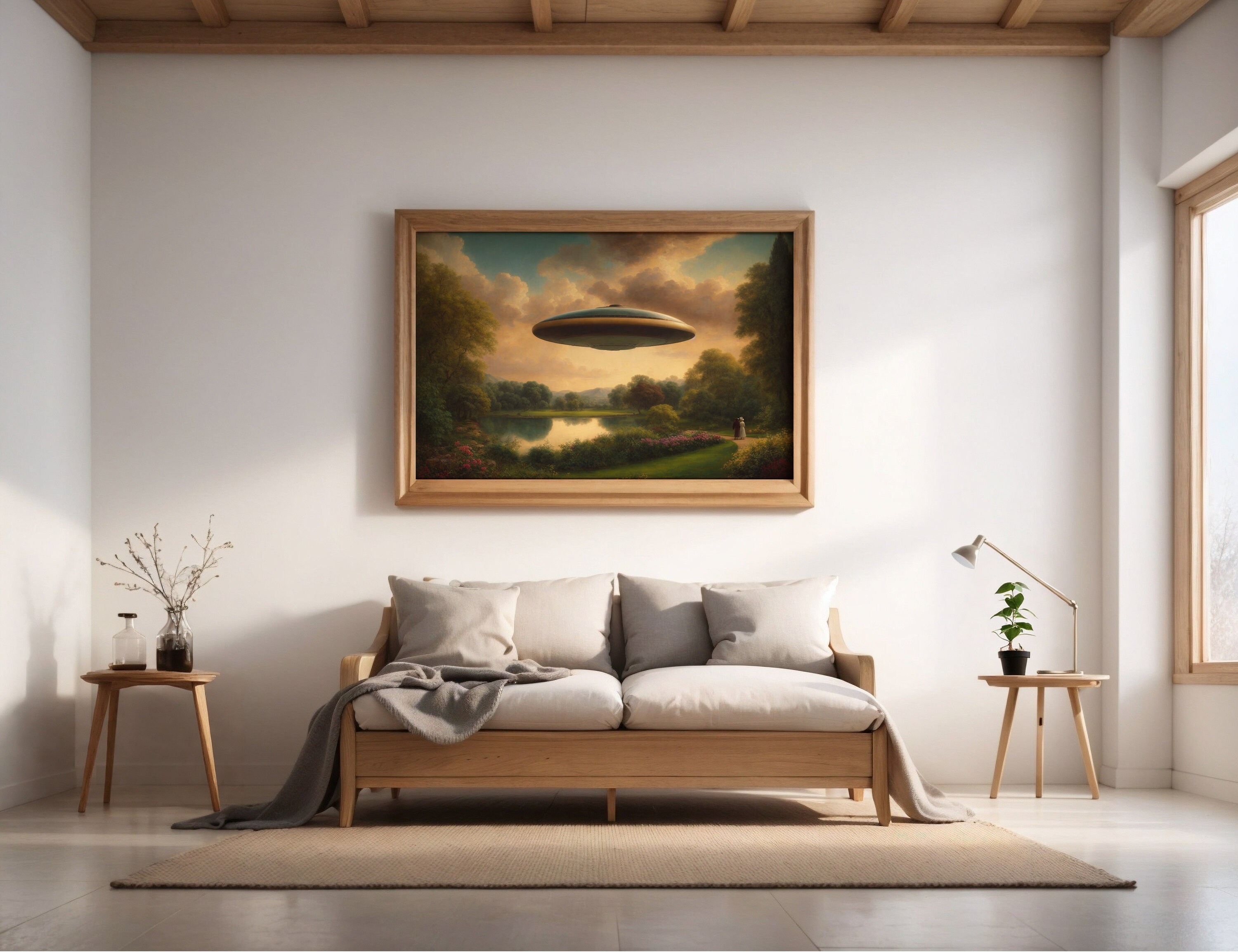 Vintage Garden UFO Painting, Dreamy Moody UFO Landscape Art, UFO Art ...