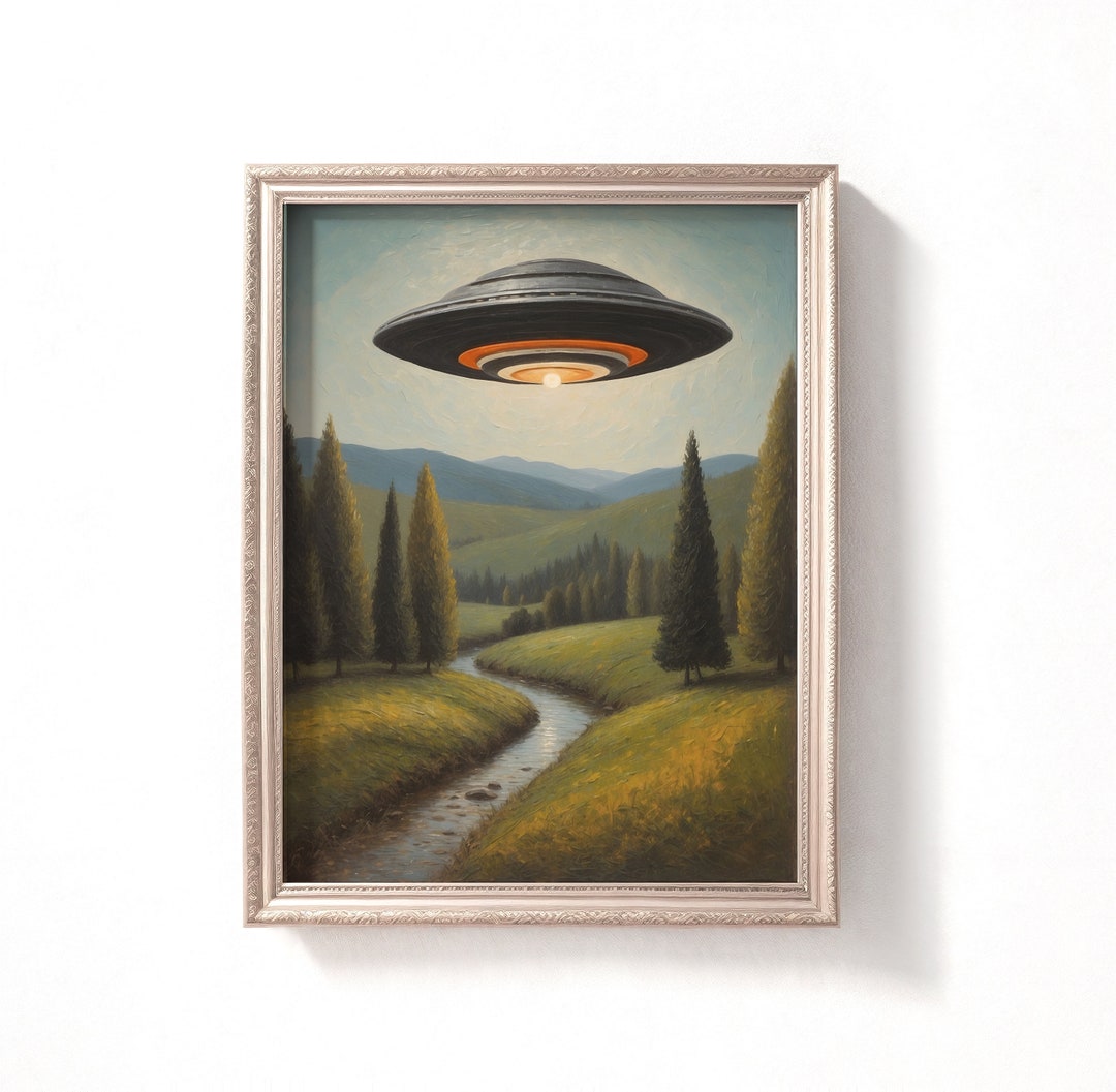 Impasto UFO Landscape Painting, Vintage Landscape Ufo Painting, Digital ...