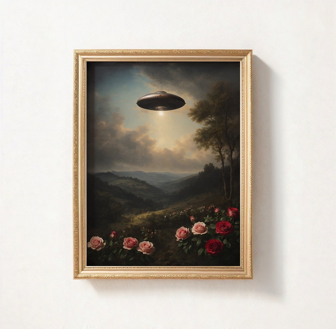 Moody Ufo Oil Painting, Vintage Flower Painting, Vintage Ufo Painting ...