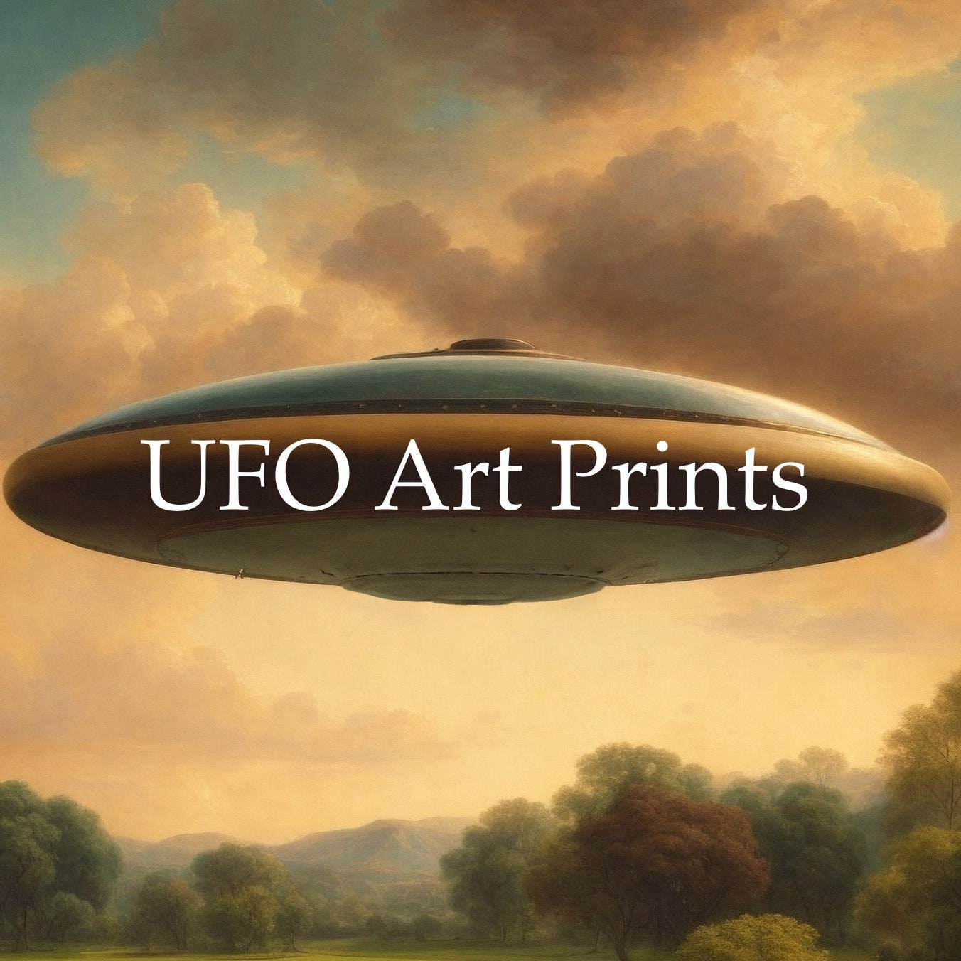 Vintage Garden UFO Painting, Dreamy Moody UFO Landscape Art, UFO Art ...