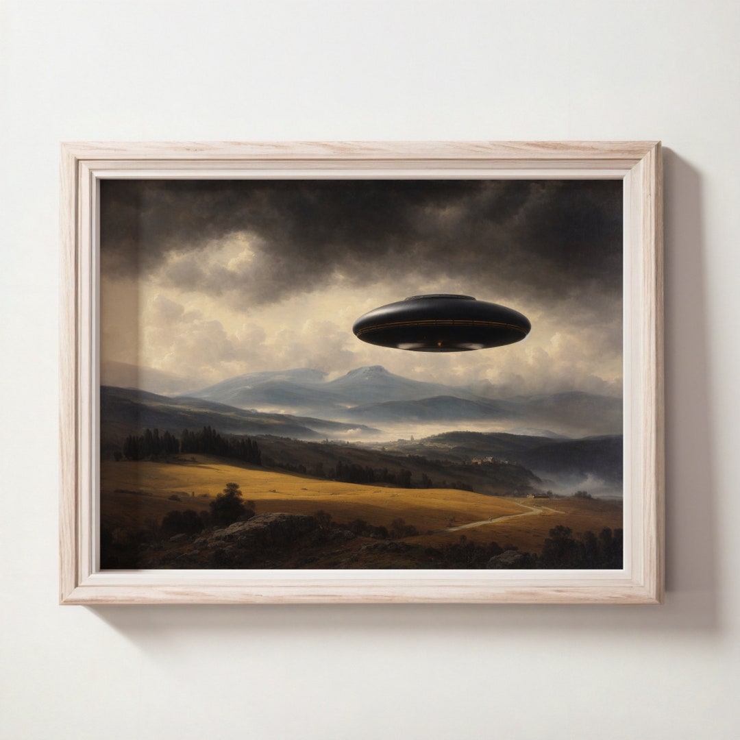 Vintage UFO Painting, Rustic Moody Landscape Print, UFO Art Print ...