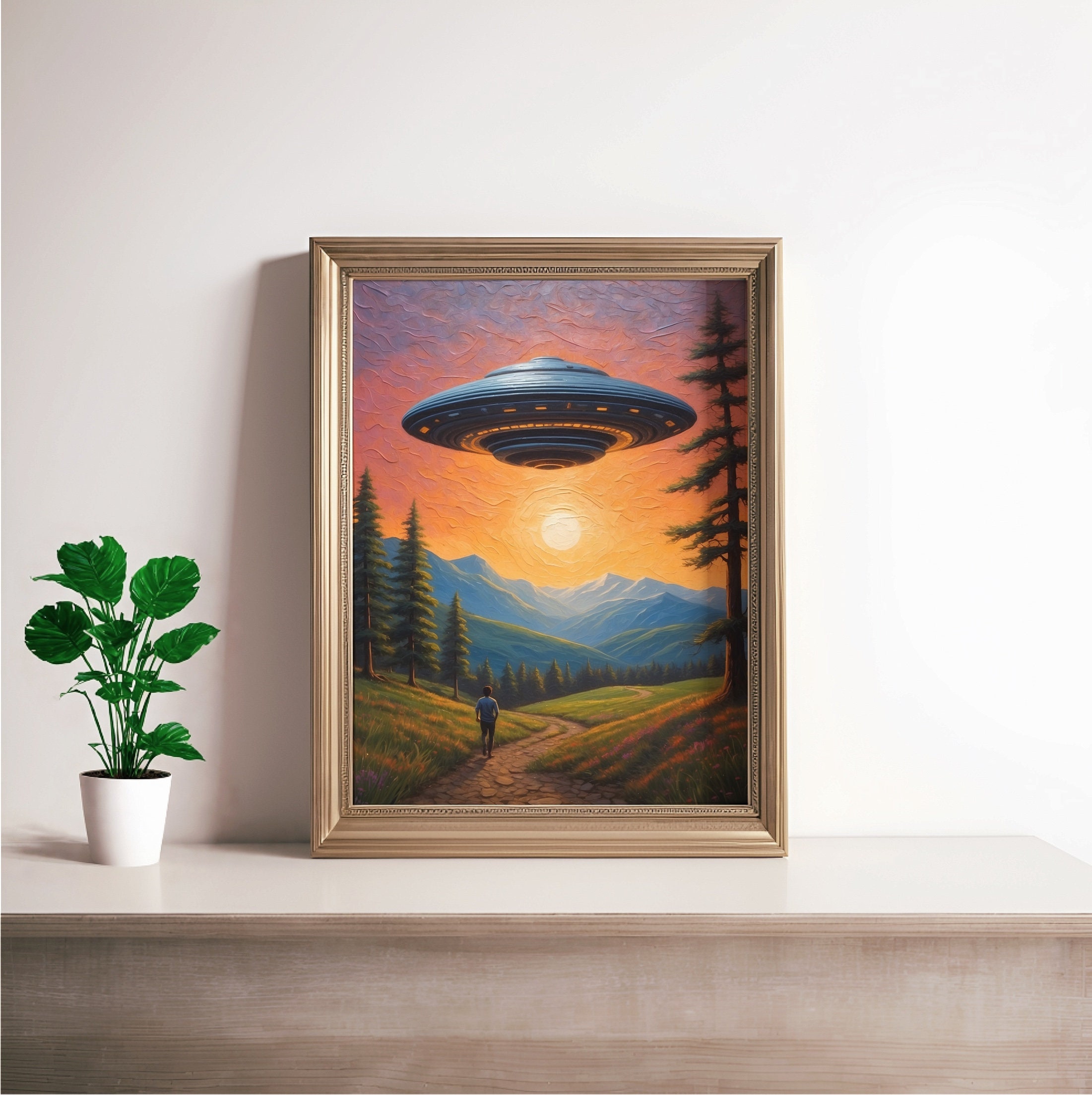 Impasto Sunset Ufo Painting, Mountain Landscape Ufo Art, Digital ...