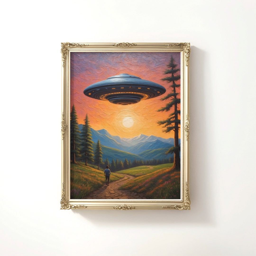 Impasto Sunset Ufo Painting, Mountain Landscape Ufo Art, Digital ...