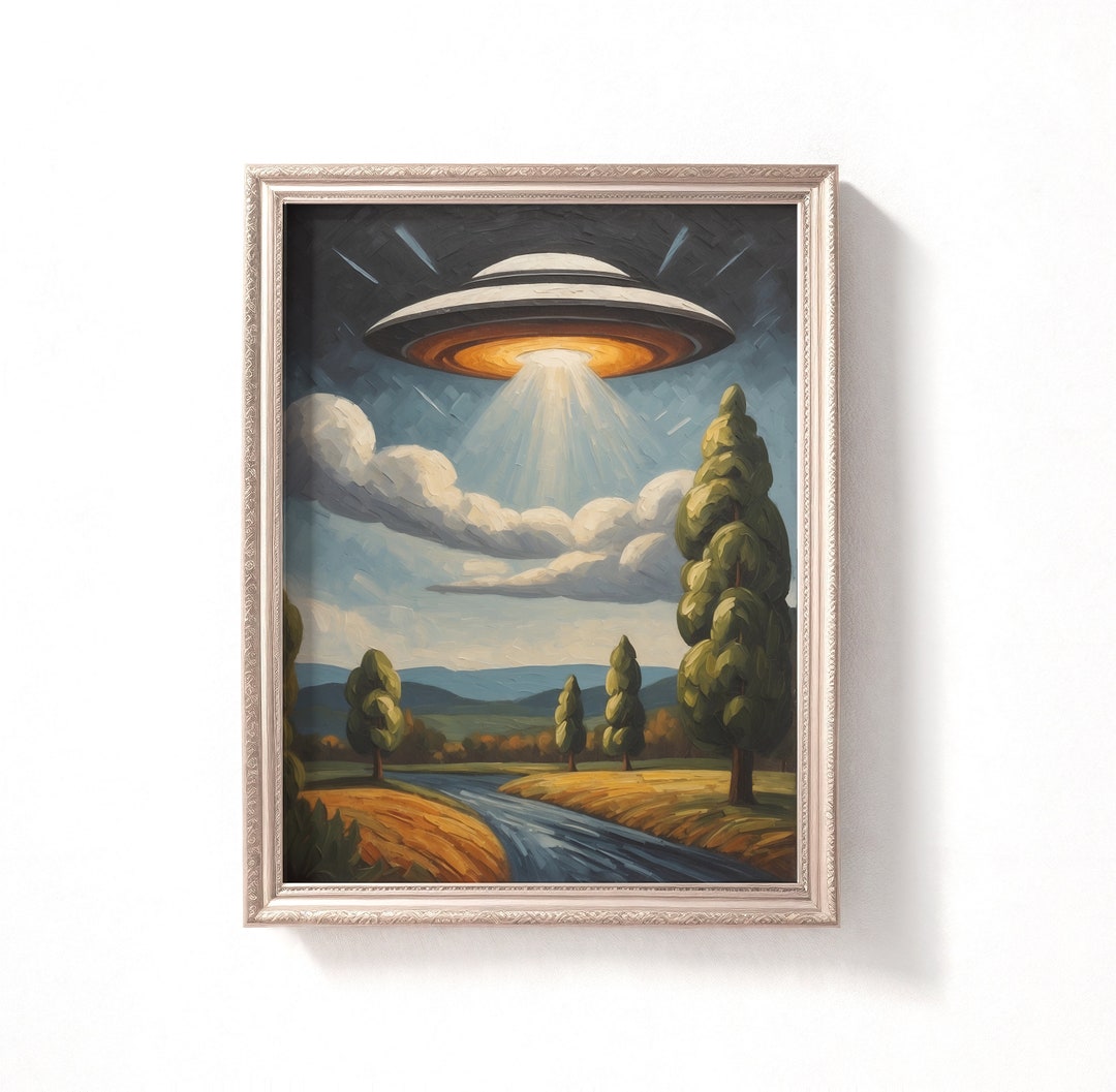 Cubism UFO Landscape Painting, Vintage Landscape Ufo Painting, Digital ...