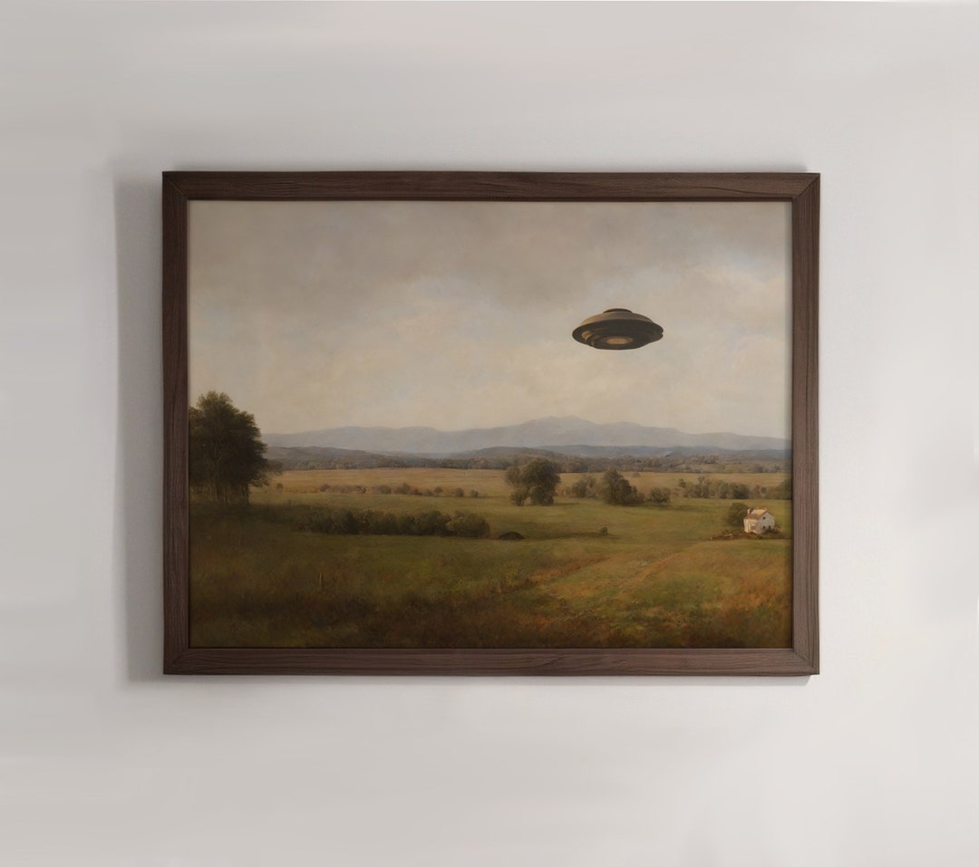 Vintage UFO Painting, Impasto Oil Painting, UFO Art Print, Digital ...