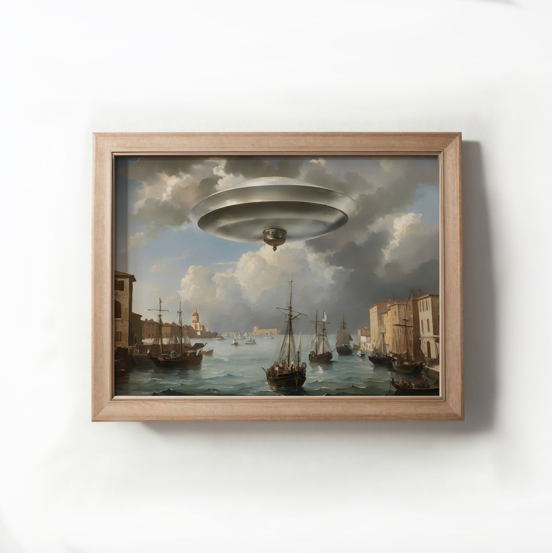 Vintage UFO Painting, Ship Oil Painting, UFO Painting, Digital ...
