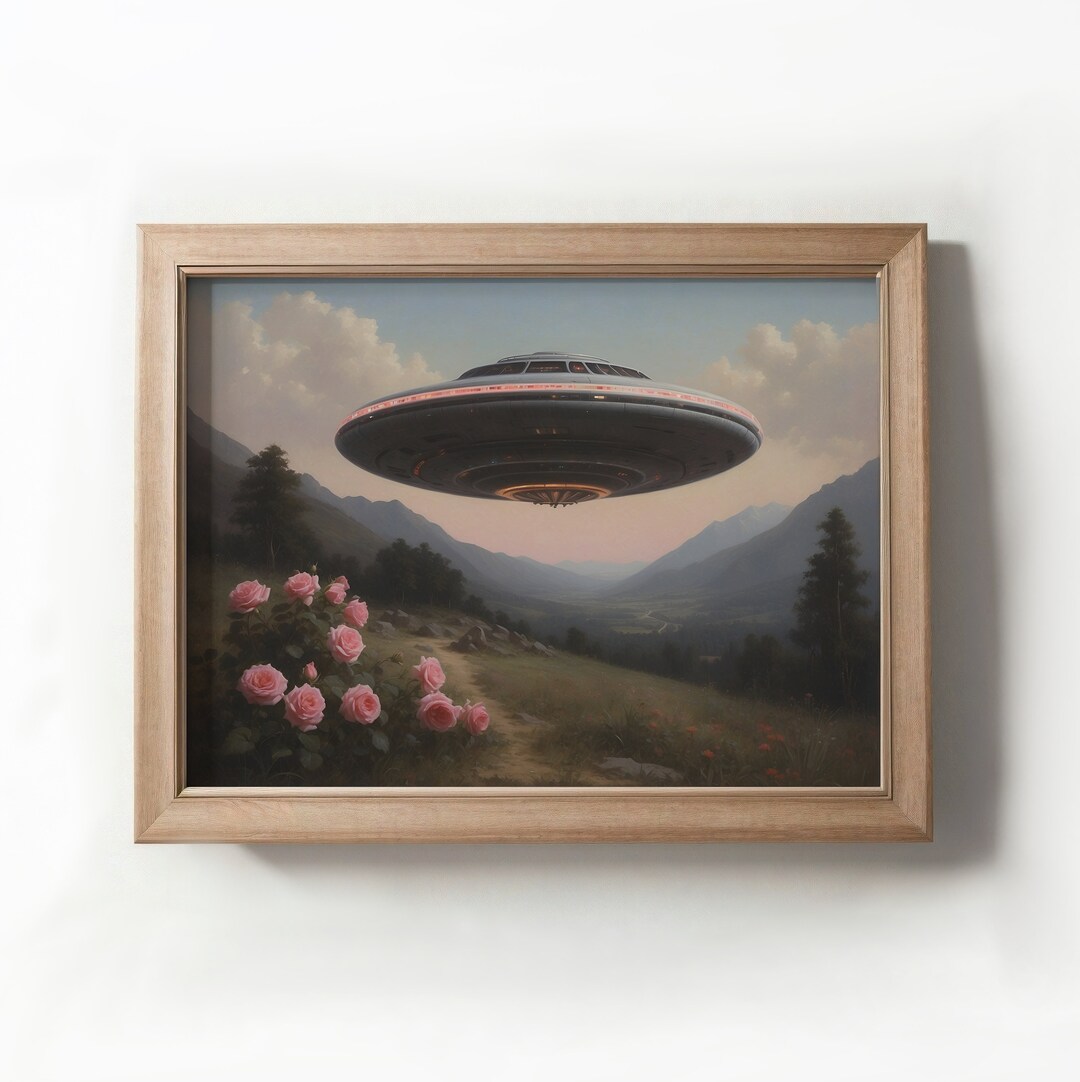 Moody Pink Roses Painting, Vintage Ufo Art, Digital Downloadable Images ...