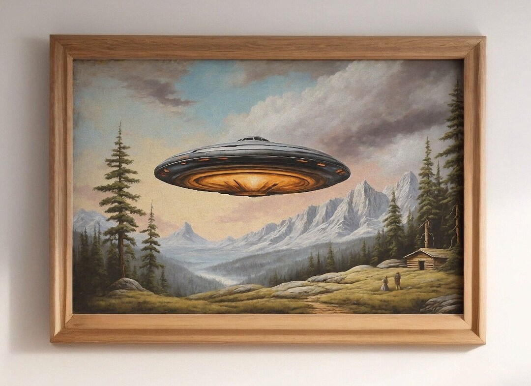 Rustic Vintage UFO Landscape Painting, Moody UFO Art Print, Landscape ...