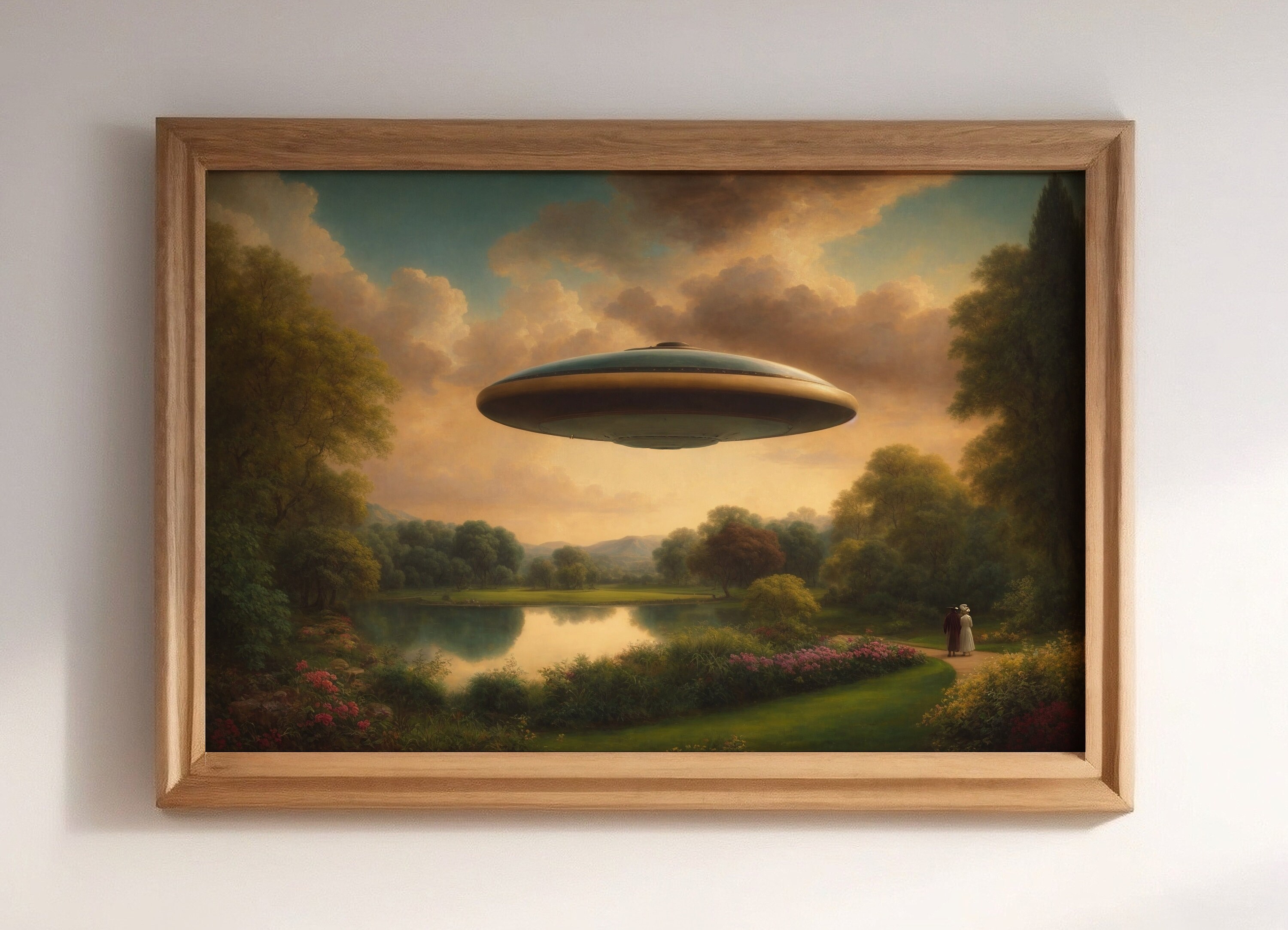 Vintage Garden UFO Painting, Dreamy Moody UFO Landscape Art, UFO Art ...