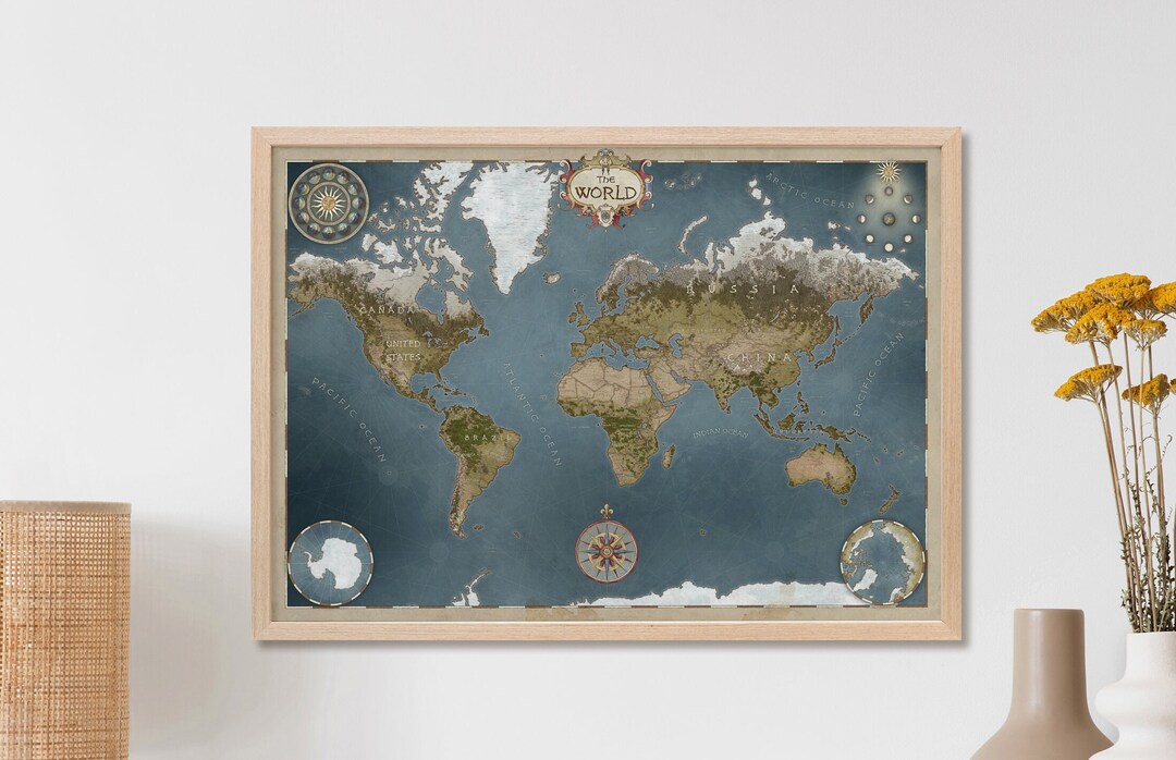 World Map Poster – Hand Drawn Map of the Earth, Illustrated Wall Art of ...