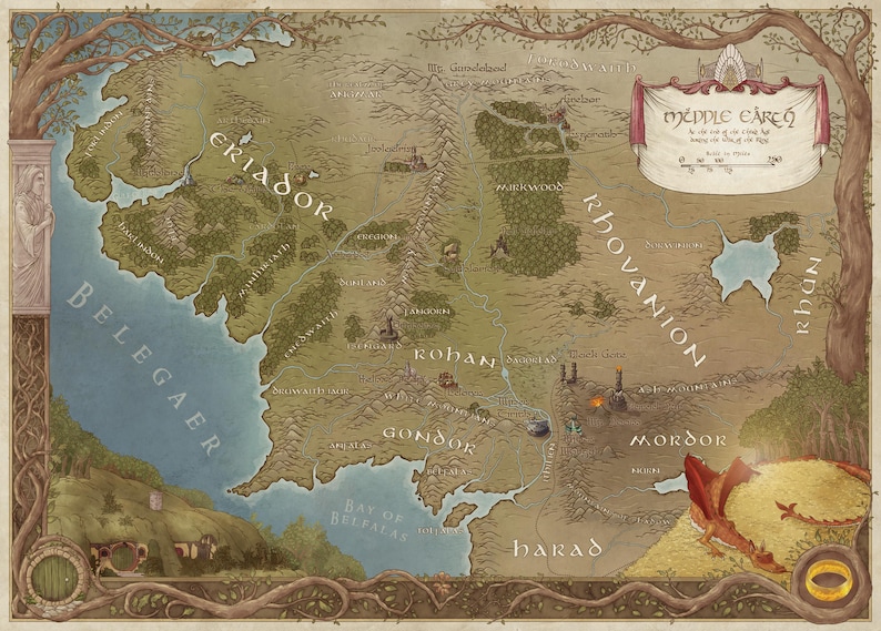 Middle Earth Map Poster – Hobbit Wall Art, Lord of the Rings Map ...