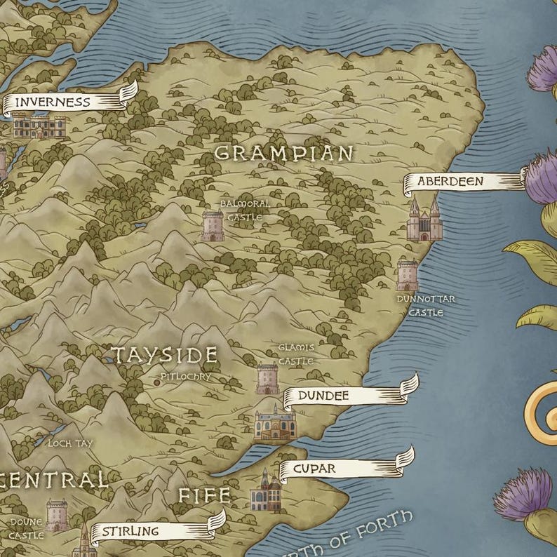 Scotland Fantasy Map Poster – Hand-drawn Medieval Style With Castles ...