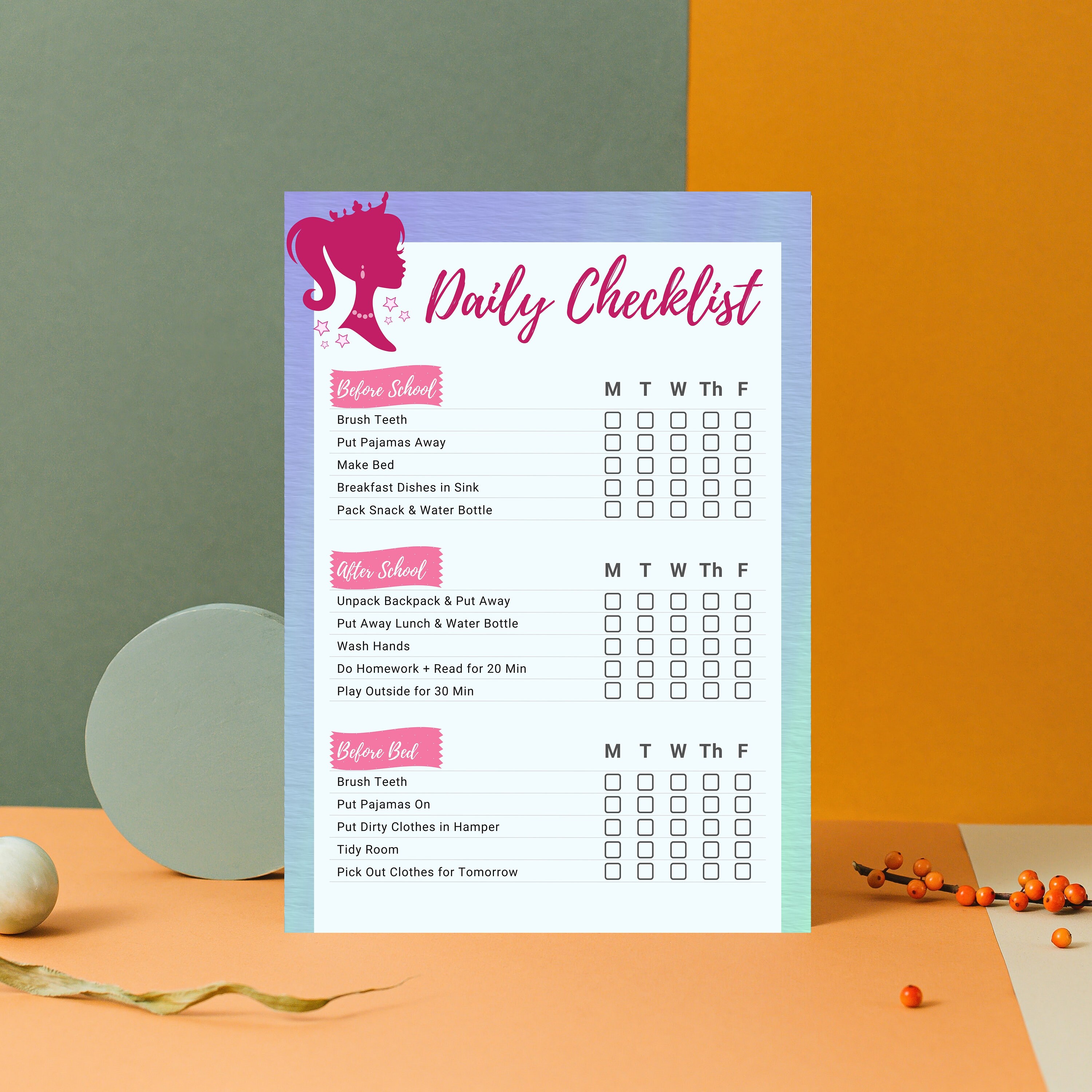 Barbie Daily Checklist, Princess Chore Chart , Printable Chore Tracker ...