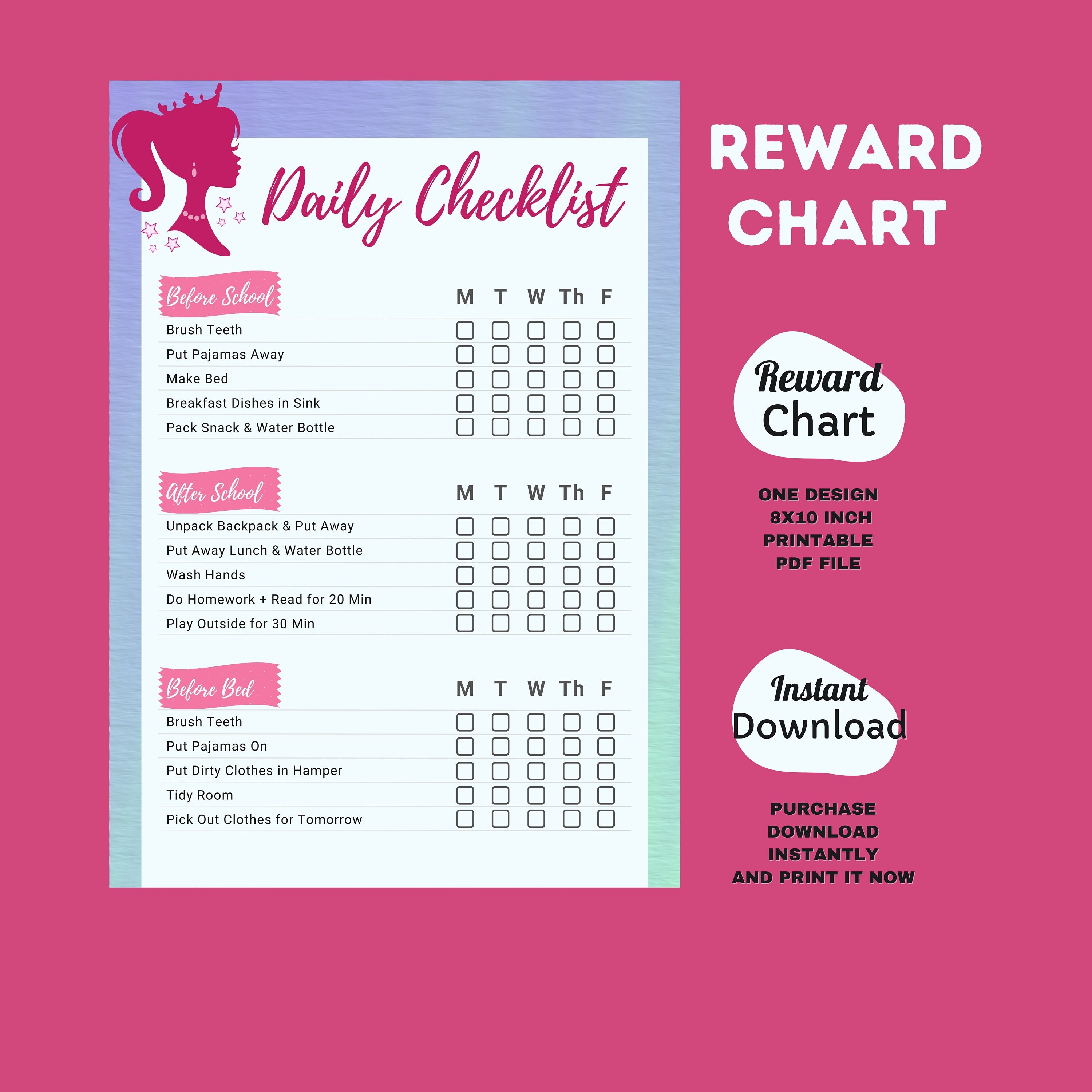 Barbie Daily Checklist, Princess Chore Chart , Printable Chore Tracker ...