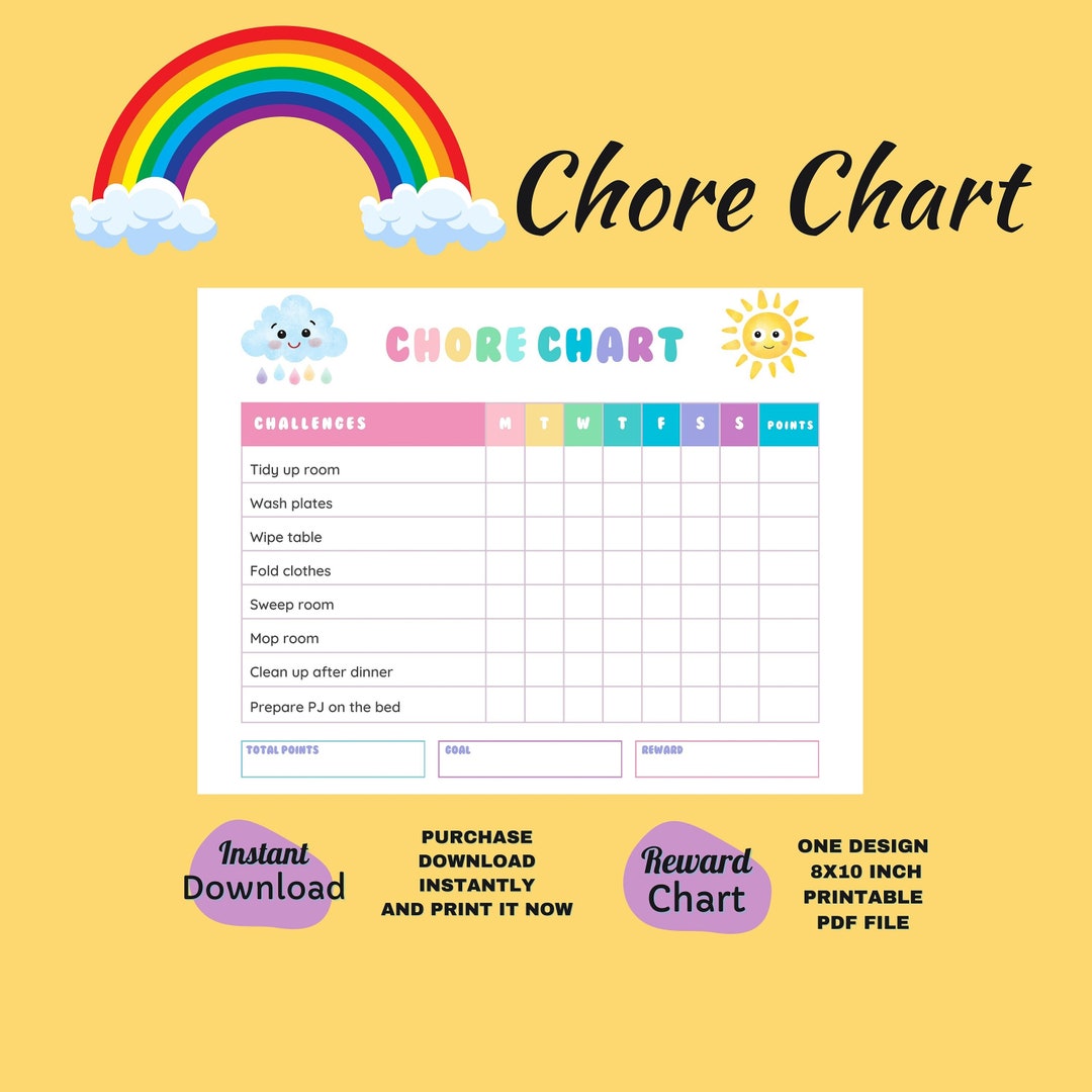 Rainbow Children Chore Chart, Printable Chore Tracker and Motivational ...