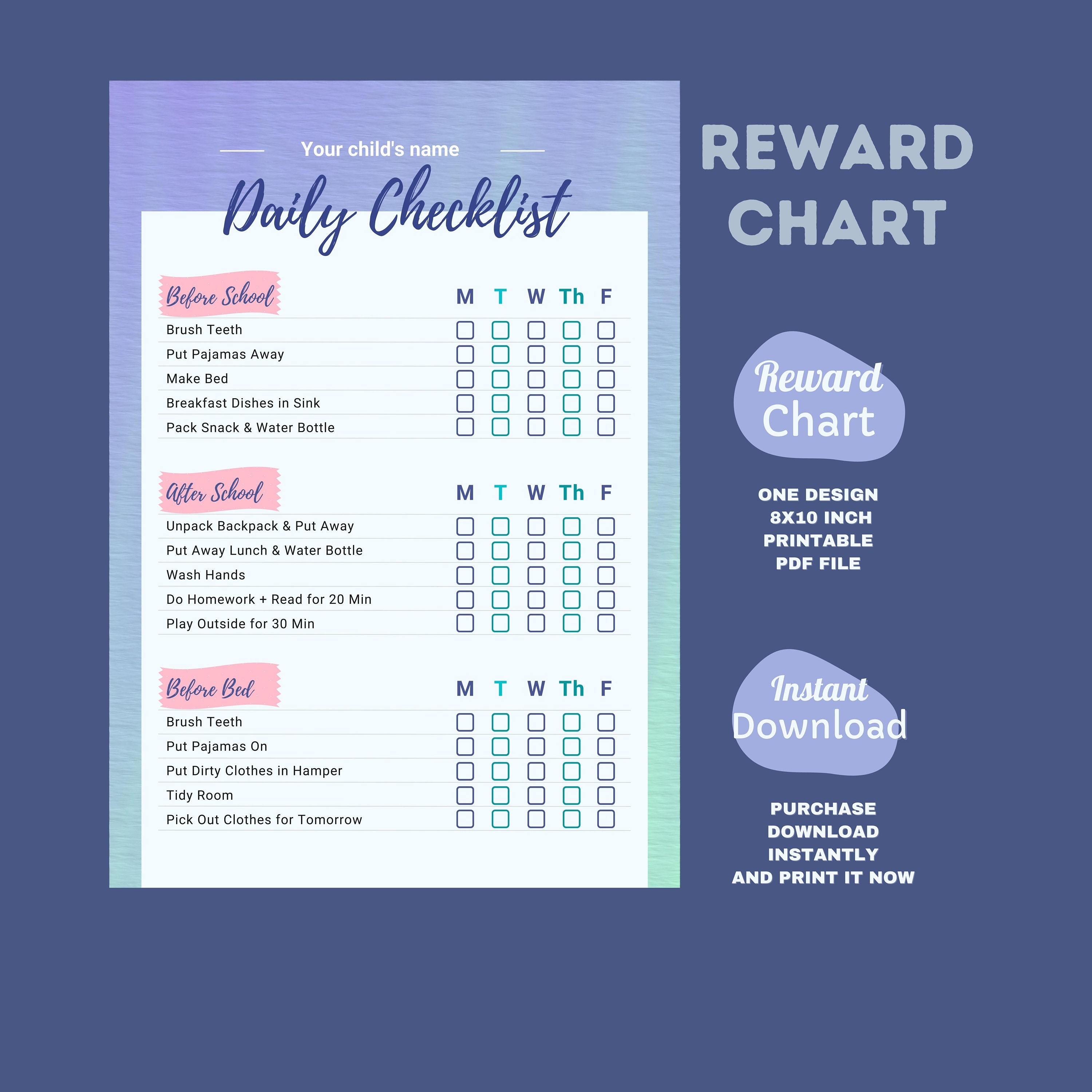Editable Daily Checklist, Kids Routine Chart, Reward Chart, Printable ...