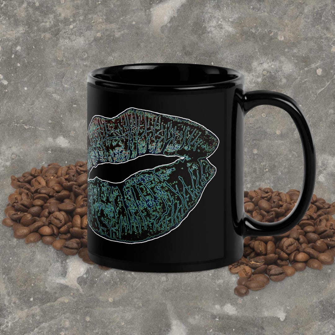 Black Glossy Mug With Black Lips Print, Coffee and Thee Mug, Glossy ...