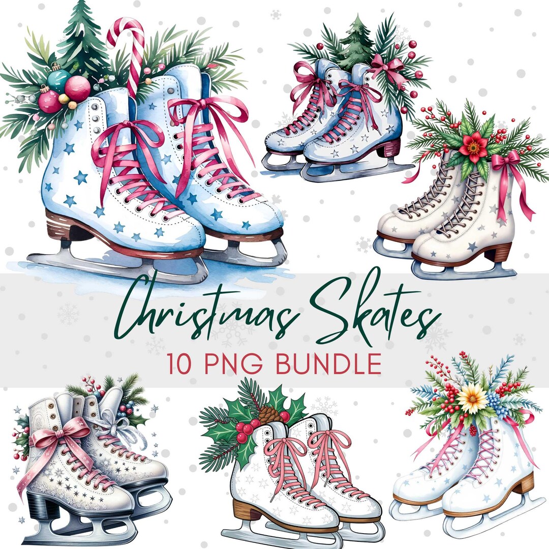Watercolor Christmas Ice Skates Clipart Bundle, Ice Skates PNG, Skating ...