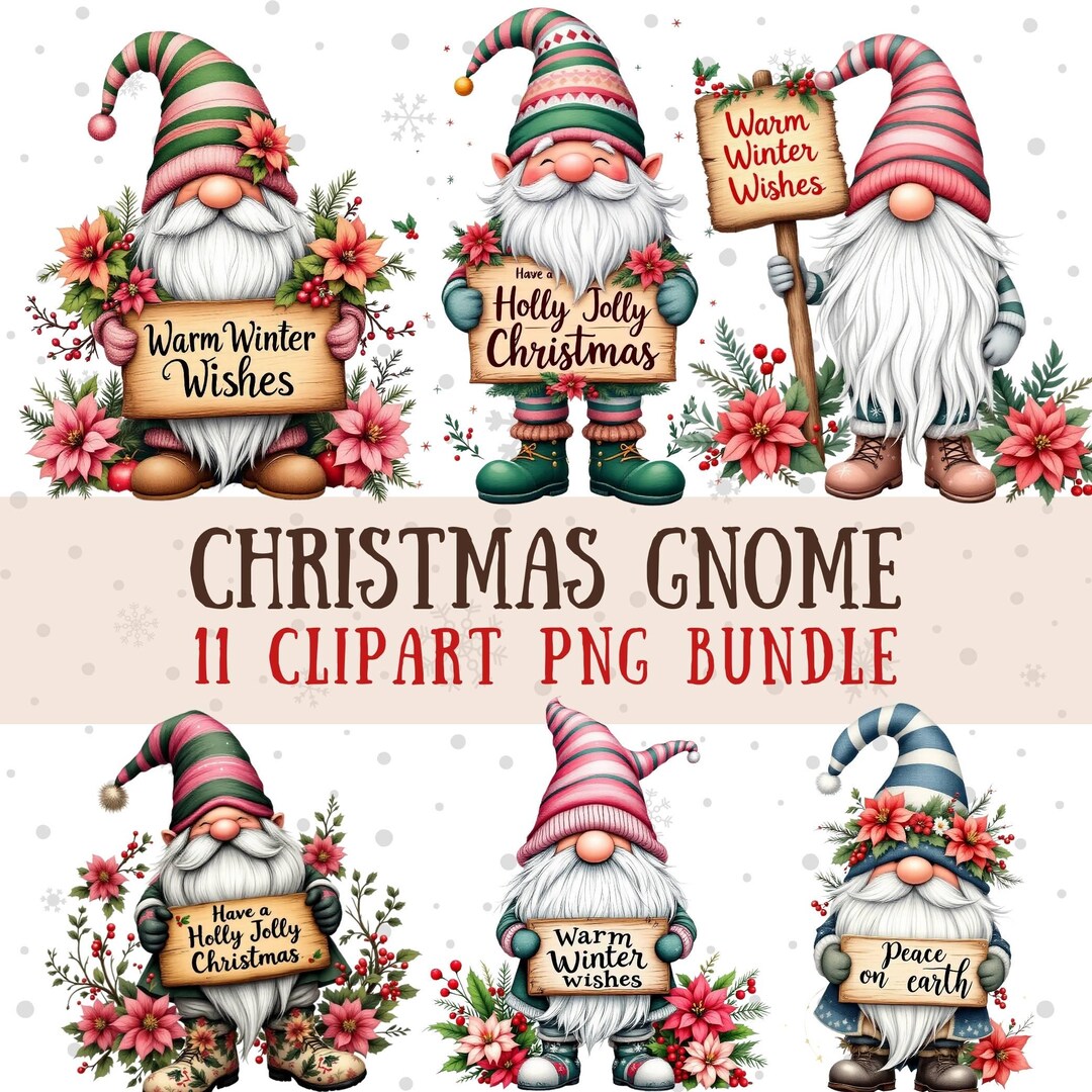 Christmas Gnome Clipart Bundle, 11 Whimsical Winter Gnome Png, Gnome ...