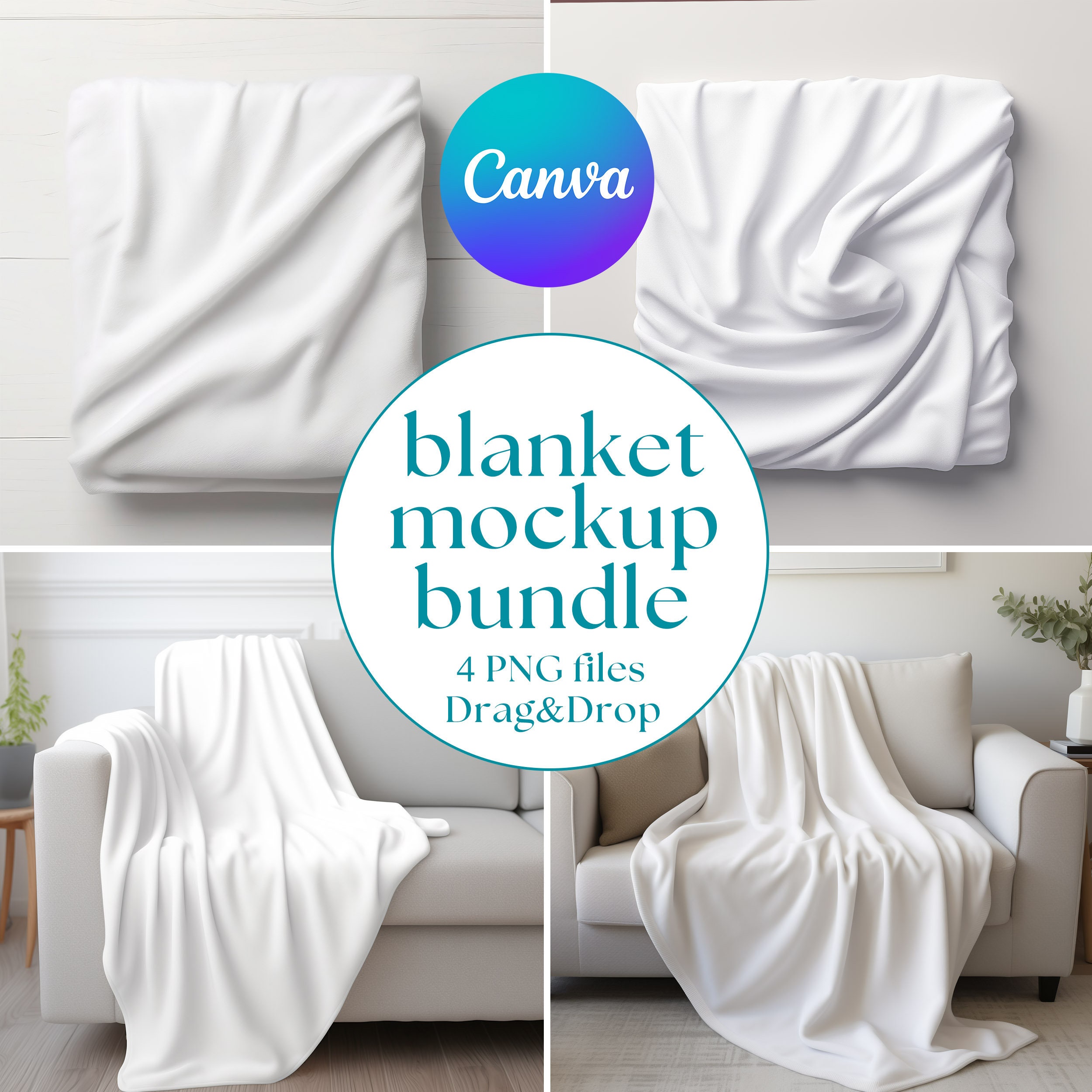 Velveteen Blanket Mockup Bundle, Canva Drag & Drop PNG, Throw Blanket ...