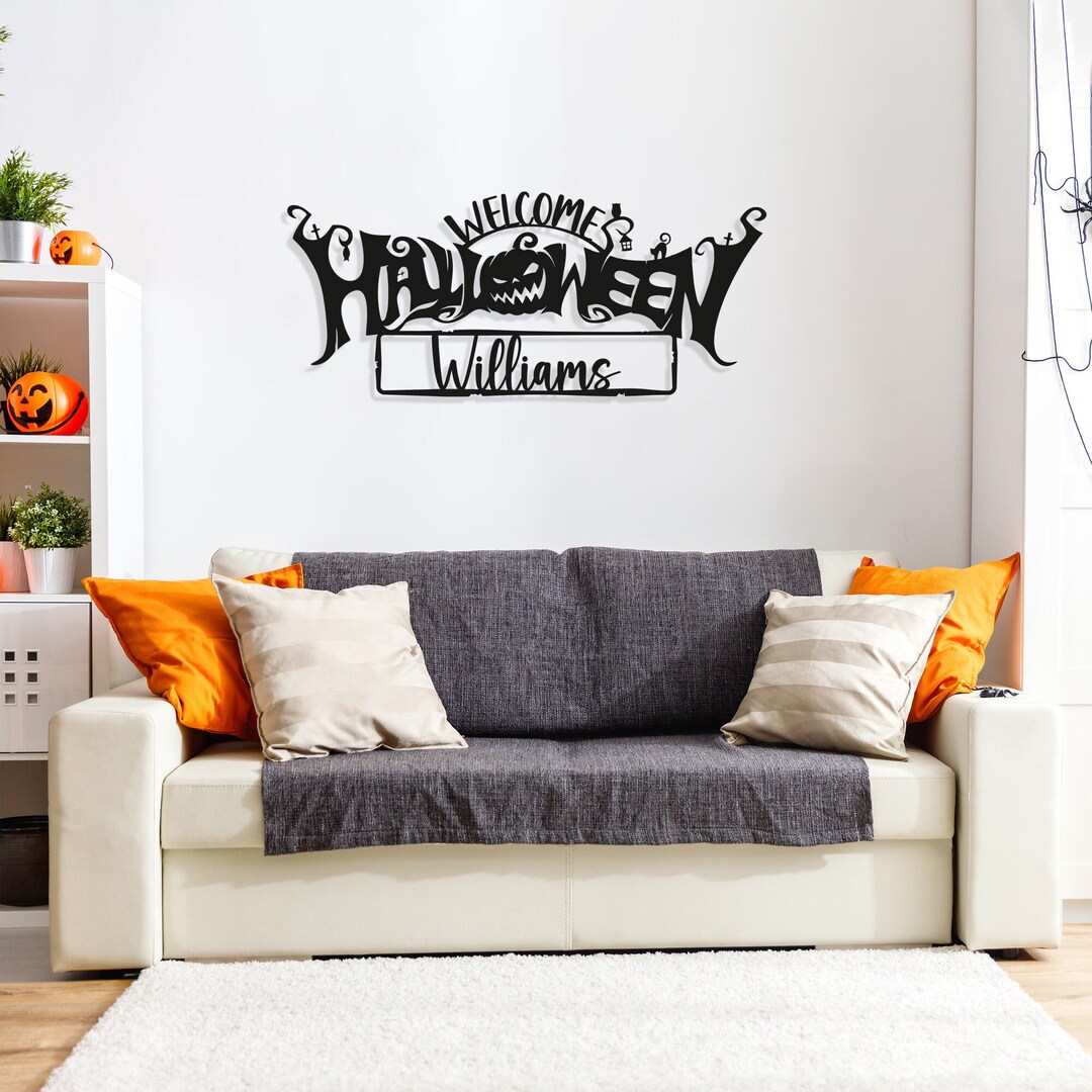Customizable Halloween Welcome Sign - Custom Named Black Metal Sign ...
