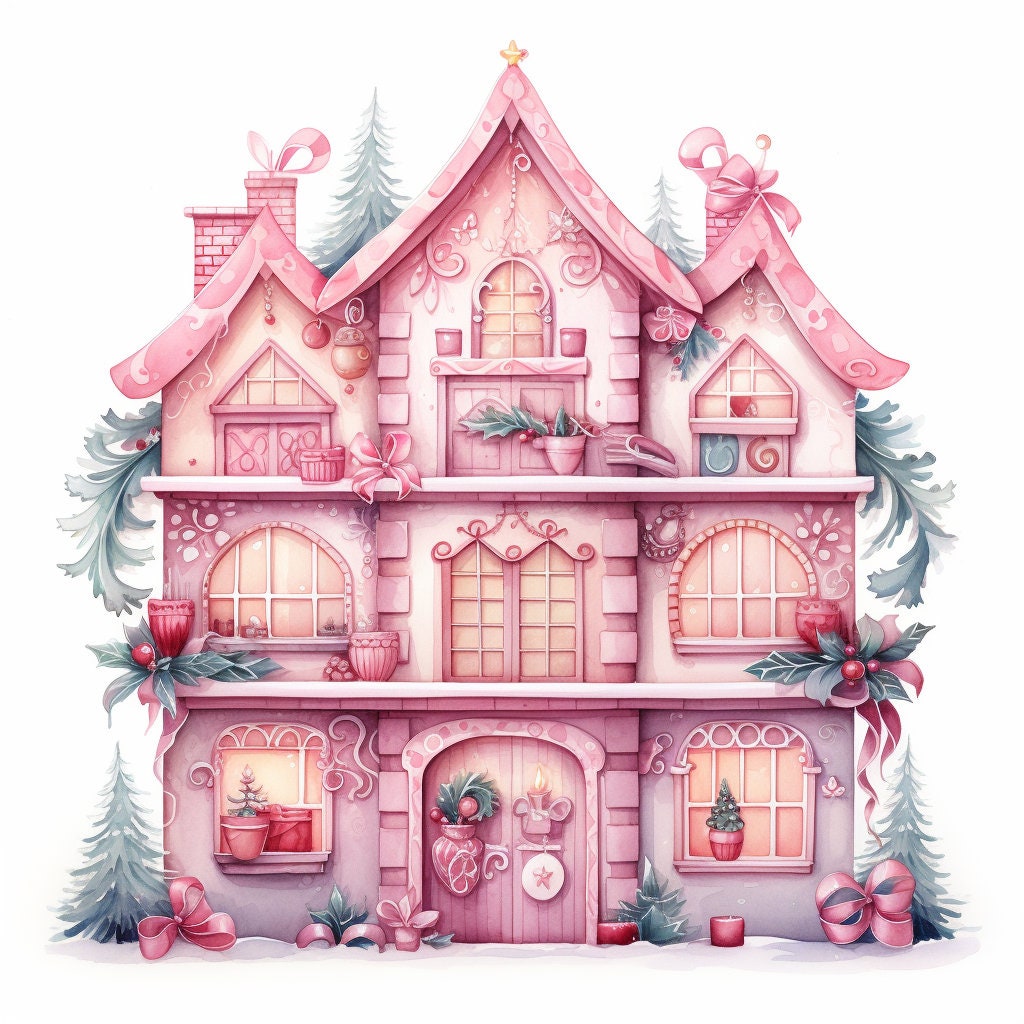 75 Watercolor Pink Christmas Clipart PNG Bundle Pink Winter Christmas ...