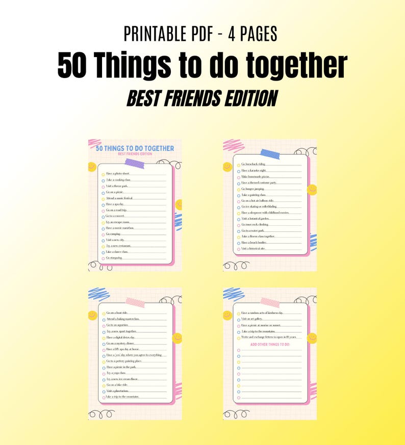 50 Things to Do Together, Printable List, Best Friend Gift, Best Friend ...