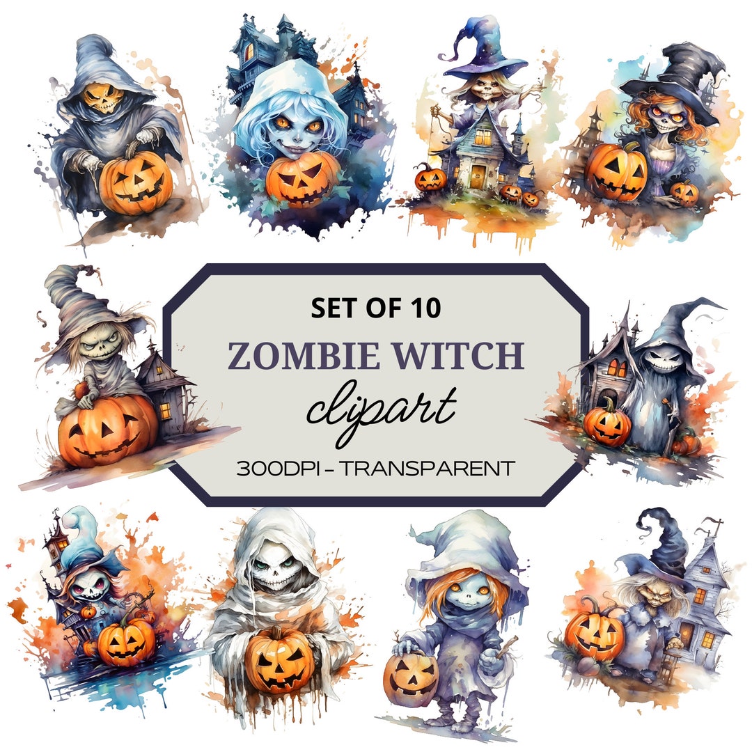 Zombie With Pumpkin Clipart⎥cute Witches Png⎥watercolor Bundle Clip Art ...