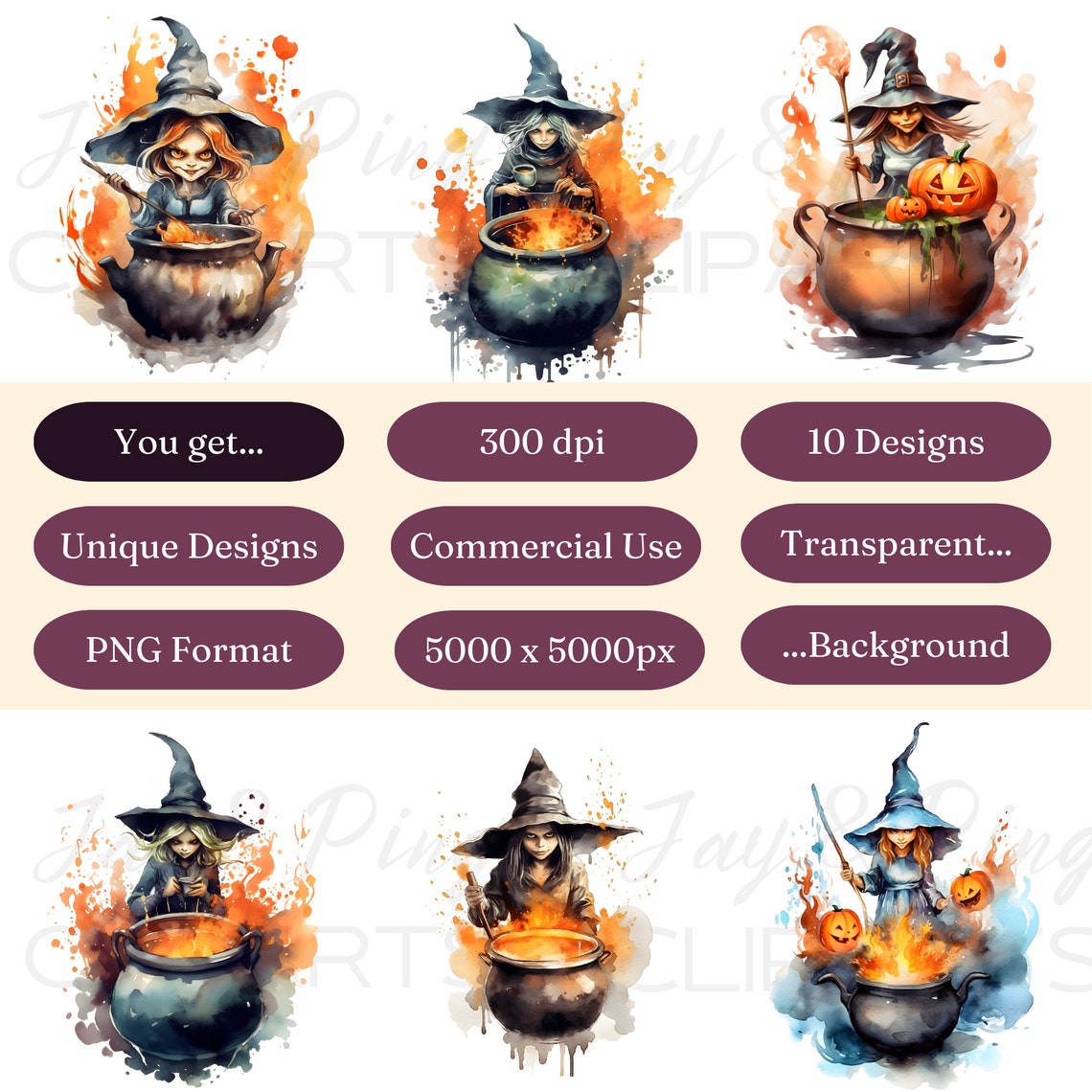 Halloween Witch Clipart⎥watercolor Clip Art Bundle⎥magic Cauldron Png ...