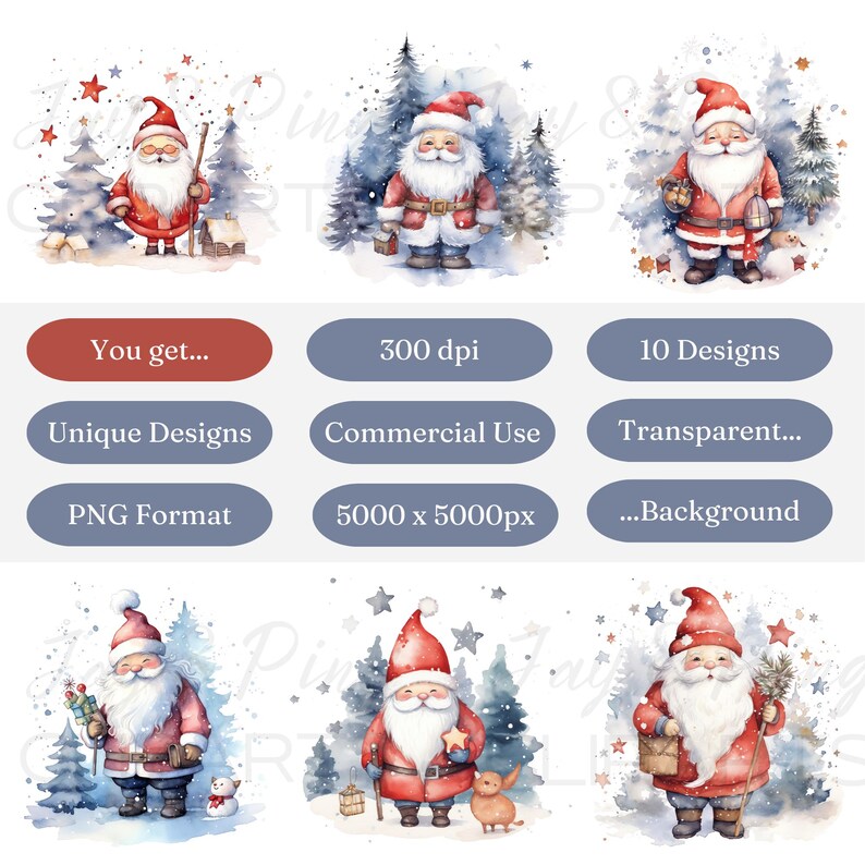 Cute Santa Claus Clipart⎥watercolor Clip Art Bundle⎥digital Stickers ...